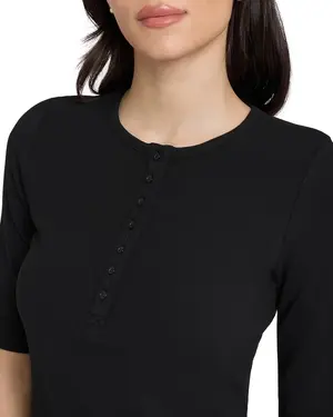 NYDJ Ribbed Elbow Sleeved Henley Top - Black