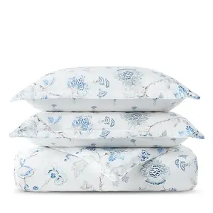 CHRISTY Tropical Floral Cotton Sateen Reversible Duvet Cover Set, King/ Cal King - Blue