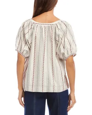 Karen Kane Stripe Puff Sleeve Embroidered Peasant Top