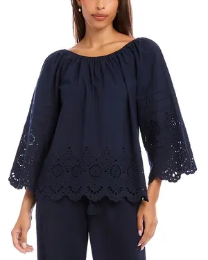 Karen Kane Flare Sleeve Embroidered Top With Scallop Edge - Navy