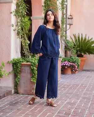 Karen Kane Flare Sleeve Embroidered Top With Scallop Edge - Navy