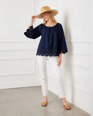 Karen Kane Flare Sleeve Embroidered Top With Scallop Edge - Navy