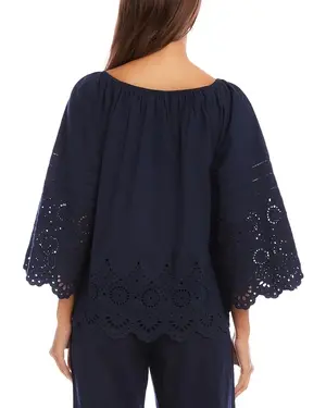 Karen Kane Flare Sleeve Embroidered Top With Scallop Edge - Navy