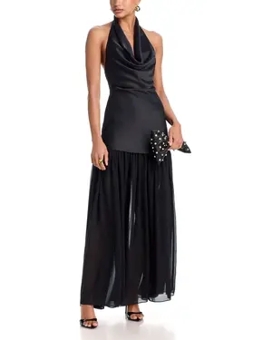 Aqua Cowl Neck Drop Waist Gown - Black