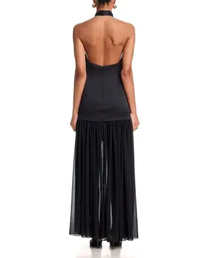 Aqua Cowl Neck Drop Waist Gown - Black