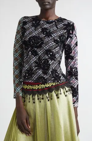 CHOPOVA LOWENA Picnic Plaid Flocked Mesh T-shirt - Black Multi