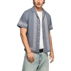 Lucky Brand Embroidered Cotton Blend Camp Shirt - Blue Multi