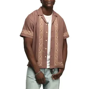 Lucky Brand Embroidered Cotton Blend Camp Shirt - Brown Multi