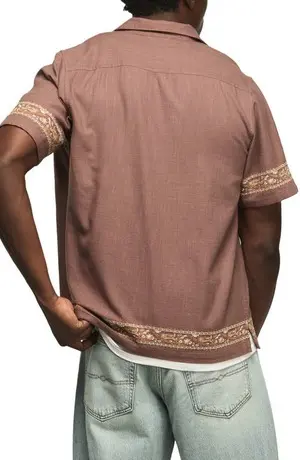 Lucky Brand Embroidered Cotton Blend Camp Shirt - Brown Multi