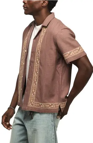 Lucky Brand Embroidered Cotton Blend Camp Shirt - Brown Multi