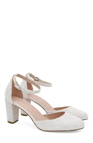 KAILEE P Jasmin Lace Block Heel With Removable Ankle Strap - White