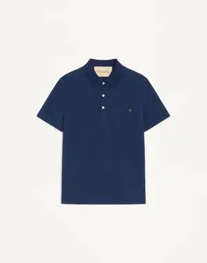 Valentino Garavani Polo Shirt In Cotton Piquet With Vgold - Blue