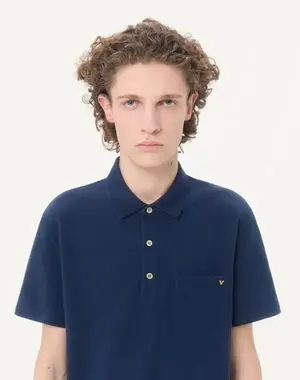 Valentino Garavani Polo Shirt In Cotton Piquet With Vgold - Blue