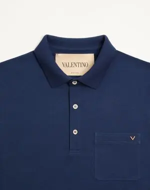 Valentino Garavani Polo Shirt In Cotton Piquet With Vgold - Blue
