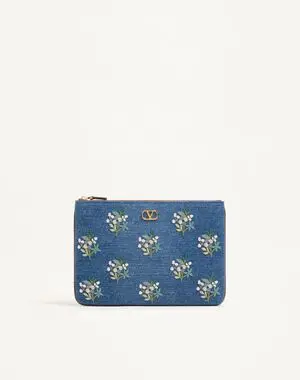 Valentino Garavani Vlogo Signature Clutch With Floral Embroidery - Denim