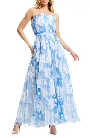 Dress The Population Verity Pleated Belted Strapless Gown - Sky Multi