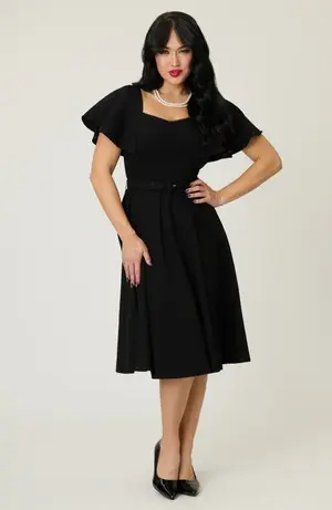 Unique Vintage Flutter Sleeve Belted Swing Dress
