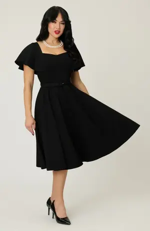 Unique Vintage Flutter Sleeve Belted Swing Dress