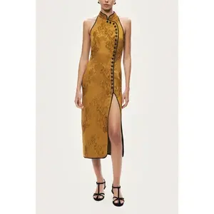 NOCTURNE Jacquard Halterneck Midi Dress - Camel
