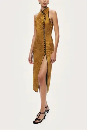 NOCTURNE Jacquard Halterneck Midi Dress - Camel