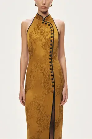 NOCTURNE Jacquard Halterneck Midi Dress - Camel