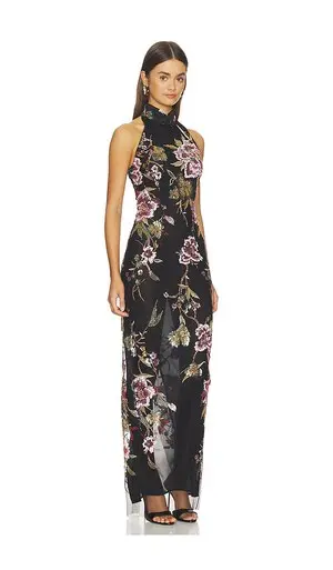 SAU LEE Embroidered Floral Halter Neck Maxi Dress