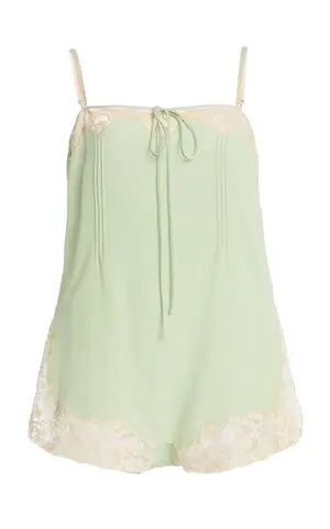 Saint Laurent Lace-trimmed Silk Crepe De Chine Romper - Green