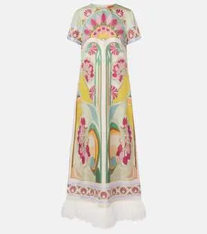 La DoubleJ Swing Feather-trimmed Silk Twill Maxi Dress - Multicoloured
