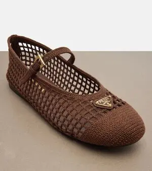 Prada Crochet Mary Jane Flats - Brown
