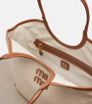 Miu Miu Canvas Shopper With Leather Trim