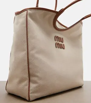 Miu Miu Canvas Shopper With Leather Trim
