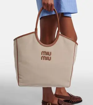 Miu Miu Canvas Shopper With Leather Trim