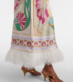 La DoubleJ Swing Feather-trimmed Silk Twill Maxi Dress