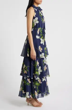 Julia Jordan Floral Tiered Gown With Tie Neck