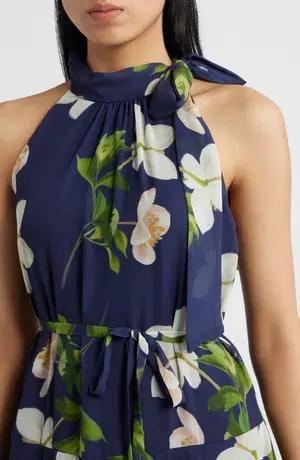 Julia Jordan Floral Tiered Gown With Tie Neck