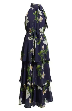Julia Jordan Floral Tiered Gown With Tie Neck