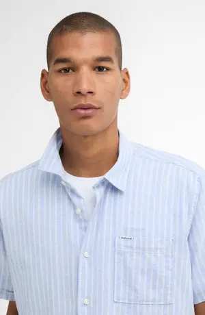 Barbour Nelson Stripe Short Sleeve Linen & Cotton Button-up Shirt - Blue