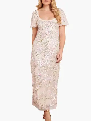 NEEDLE & THREAD Dream Garland Puff Sleeve Maxi Gown - Cream/multi