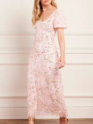 NEEDLE & THREAD Dream Garland Puff Sleeve Maxi Gown - Seashell/multi