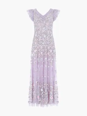 NEEDLE & THREAD Ethereal Blooms Short Sleeve Ankle Gown - Lavender/multi