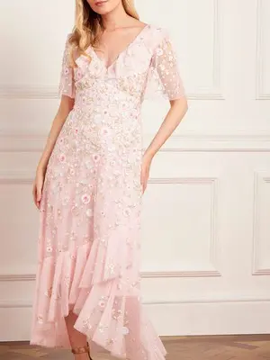 NEEDLE & THREAD Ethereal Blooms Frill Ankle Gown - Seashell/multi