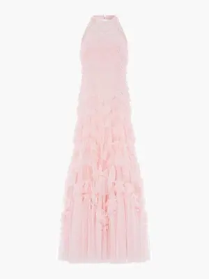 NEEDLE & THREAD Elia Halter Neck Ruffle Tulle Maxi Gown - Seashell