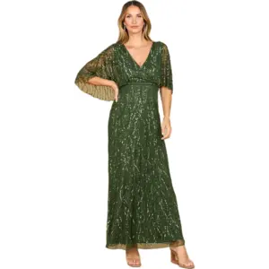 LARA NEW YORK Beaded Gown With Cape Sleeves - Emerald