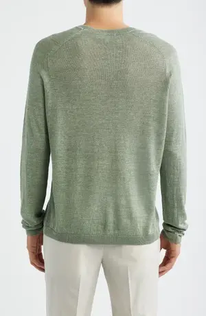JACK VICTOR Cormack Long Sleeve Crewneck Pullover In Linen & Silk - Sage