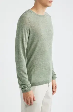 JACK VICTOR Cormack Long Sleeve Crewneck Pullover In Linen & Silk - Sage