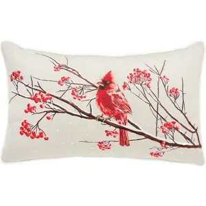 RIGHTSIDE DESIGNS Winterberry Cardinal Lumbar Pillow 12" X 21 - Red