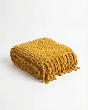 VILLA ABURI Chunky Chenille Knit Blanket With Fringe - Saffron