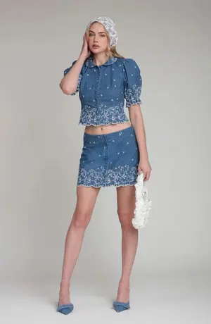 Avec Les Filles Embroidered Scallop Denim Miniskirt