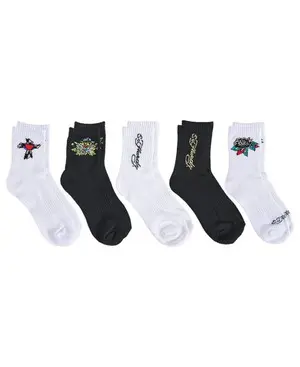 Ed Hardy Flower Heart Print Mid Crew Sock 5-pack - White Multi
