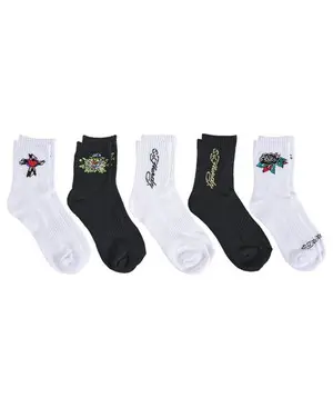 Ed Hardy Flower Heart Print Mid Crew Sock 5-pack - White Multi